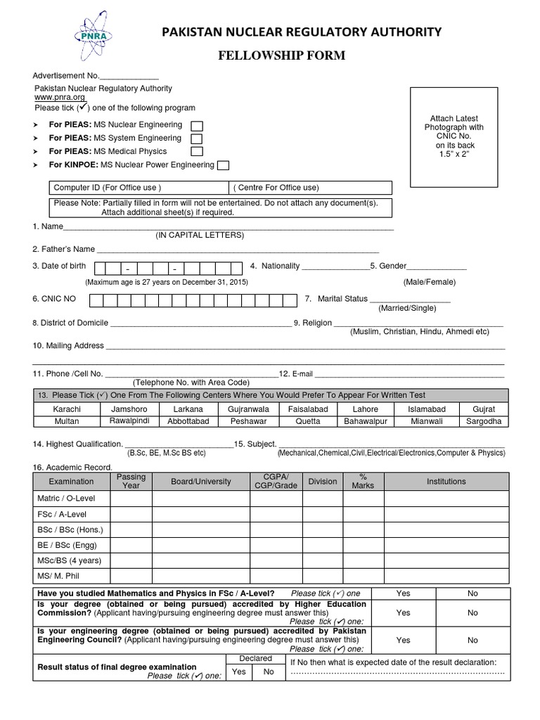 PNRA Application Form | PDF | Bachelor Of Science | Academic Degree