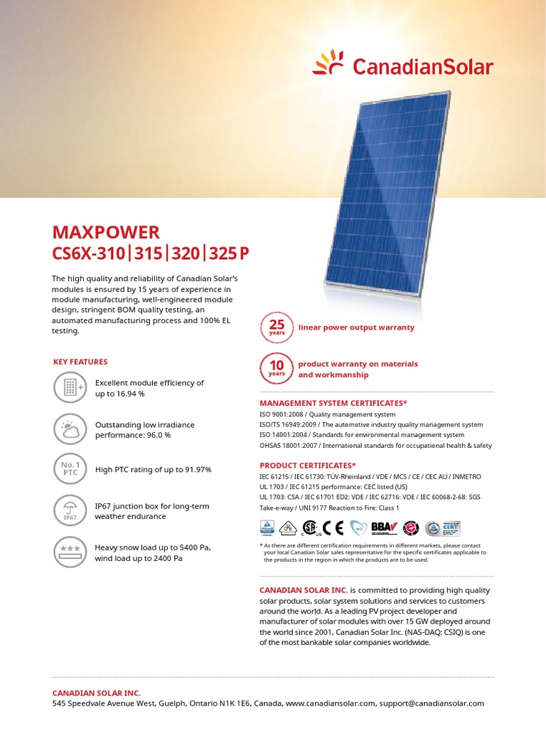 Canadian Solar CS6X Series Features | PDF | Solar Panel | Quality ...