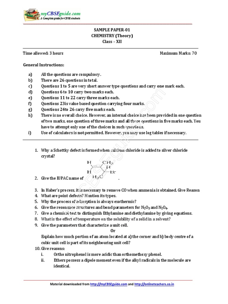 Chemistry Sample Paper for Class 12 Exam with Detailed Questions on ...