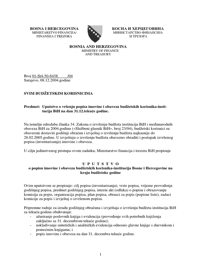 1 Uputstvo o Popisu Imovine I Obaveza BiH | PDF