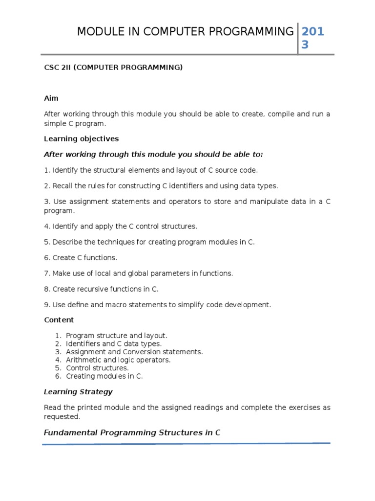 Module Csc211 Pdf Integer Computer Science C Programming Language