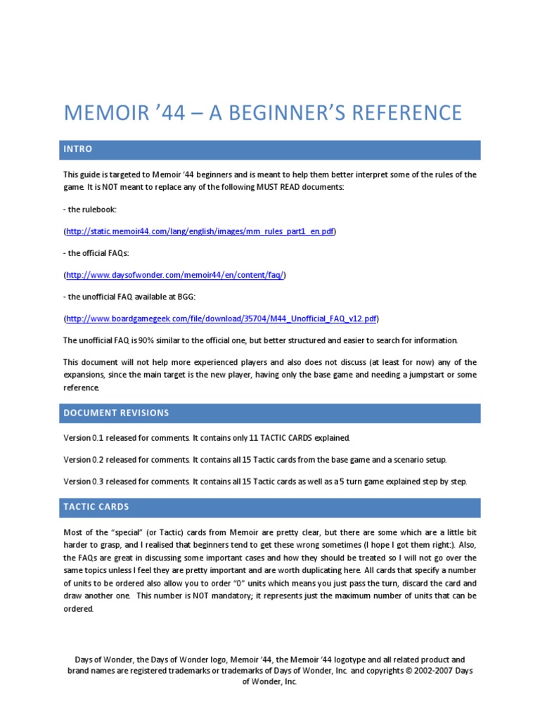 Memoir '44 - A Beginner's Reference | Download Free PDF | Tanks | Infantry