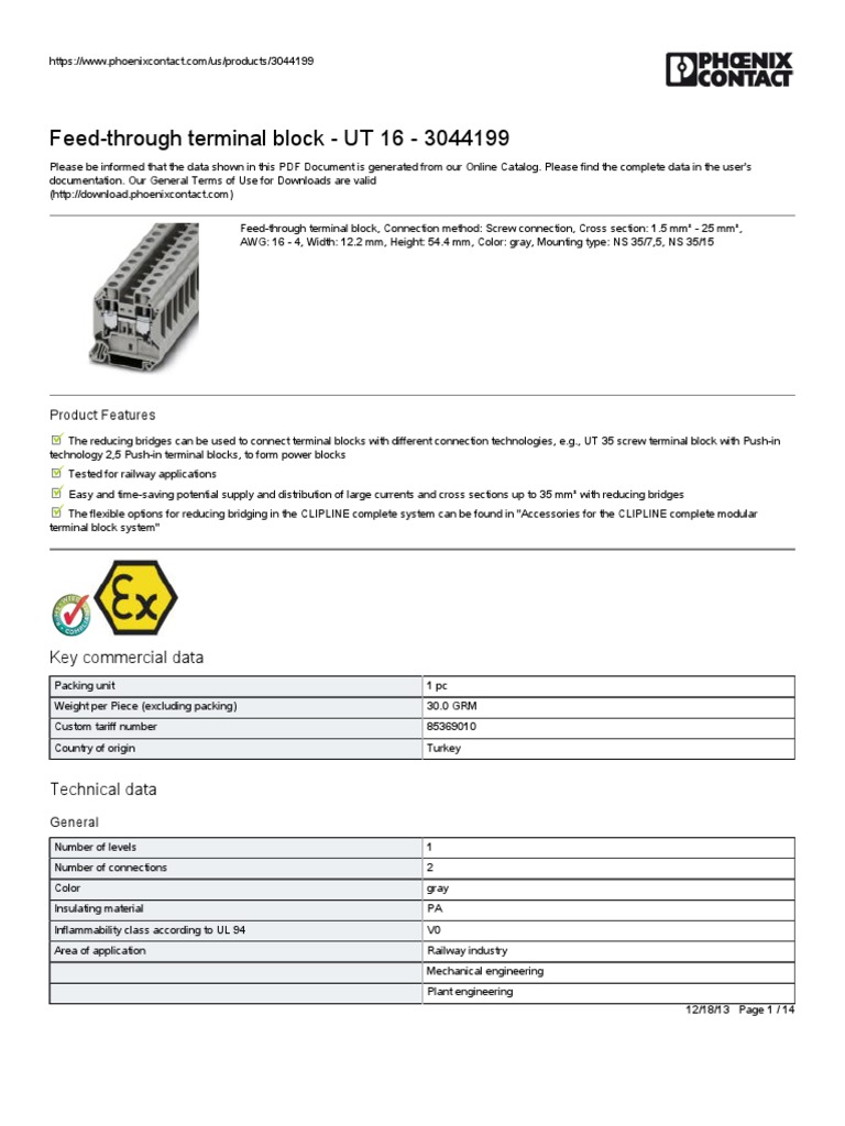 Feed-Through Terminal Block - UT 16 - 3044199: Key Commercial Data ...