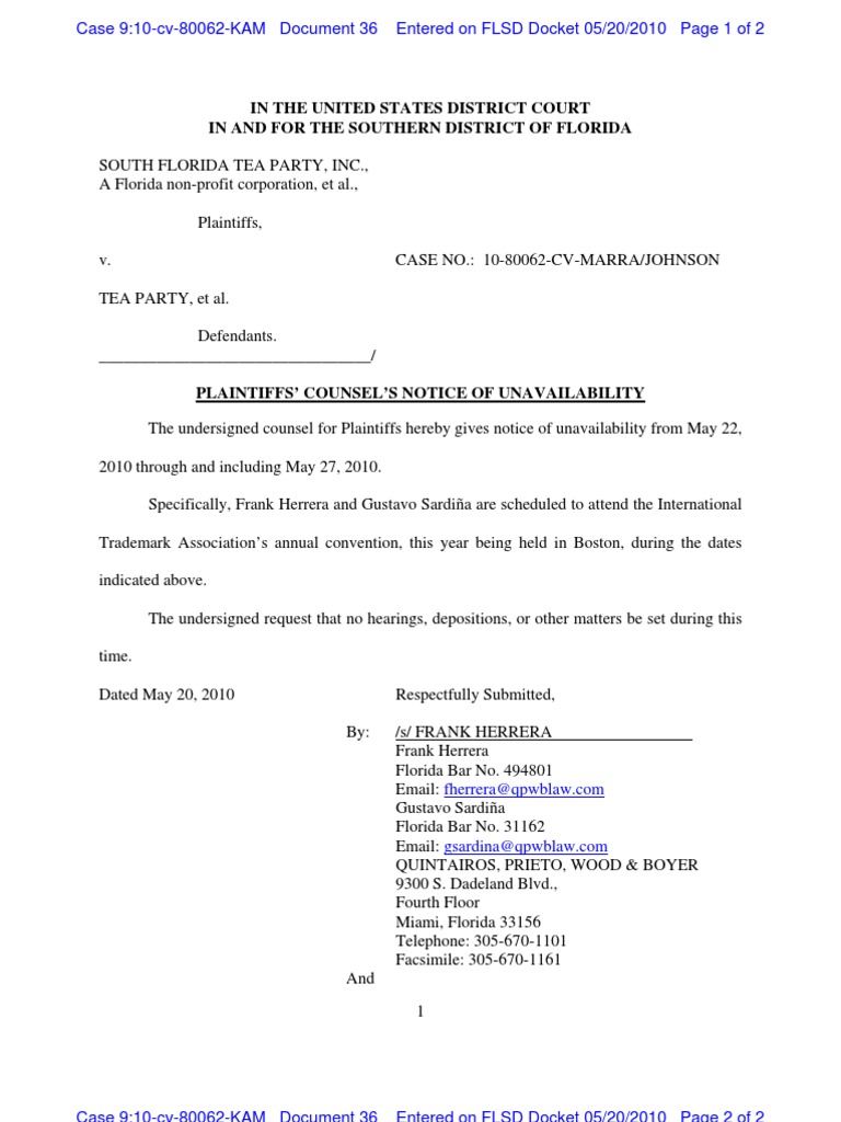 05-20-10 - Plaintiffs Counsel Notice of Unavailability | PDF | Common ...