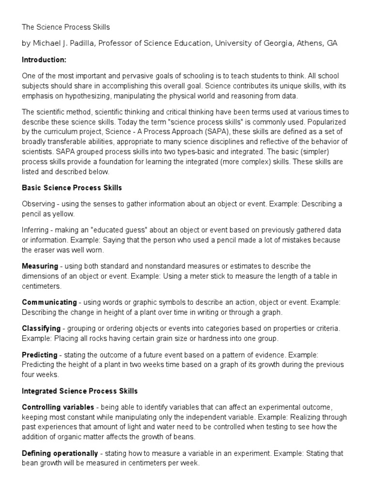 The Science Process Skills | PDF | Experiment | Scientific Method