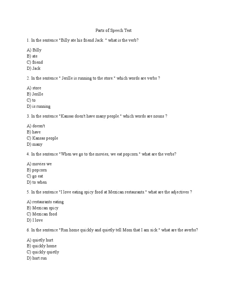 Parts of Speech Test with Answers | PDF | Part Of Speech | Adverb