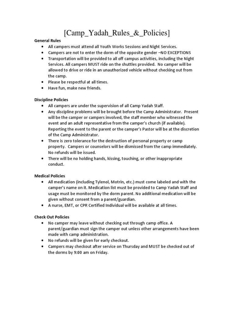 Camp Rules and Policies | PDF