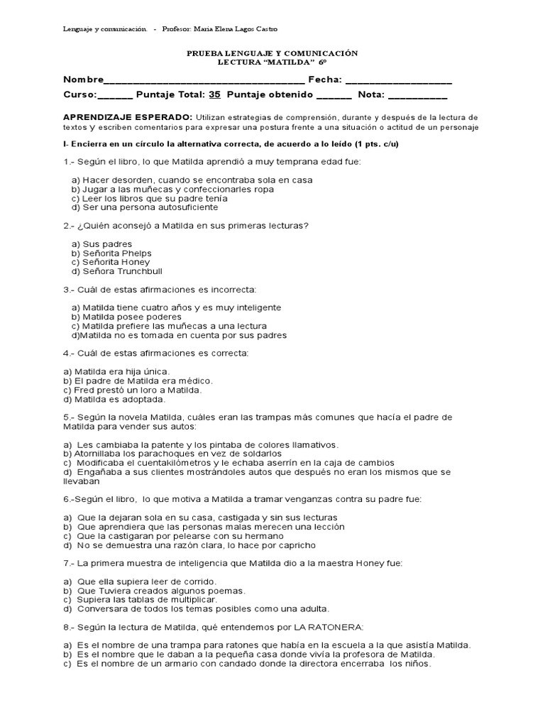 Prueba de Lectura Matilda 6° | PDF | Lectura (proceso) | Educación avanzada