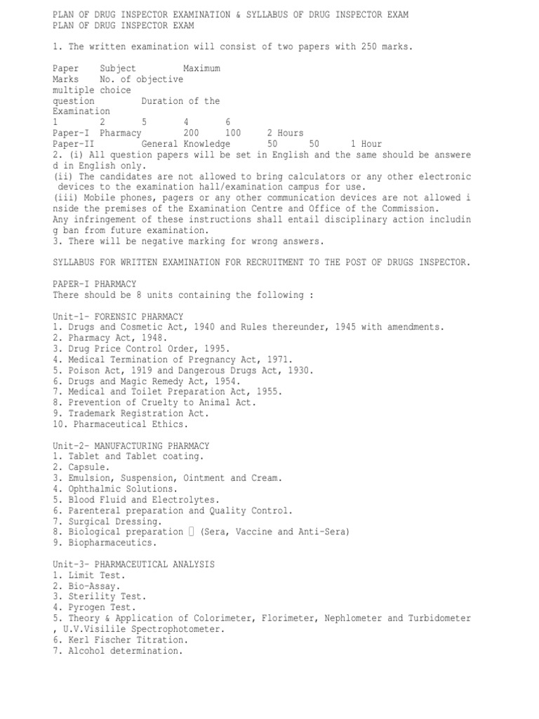 Plan of Drug Inspector Examination & Syllabus of Drug Inspector Exam ...