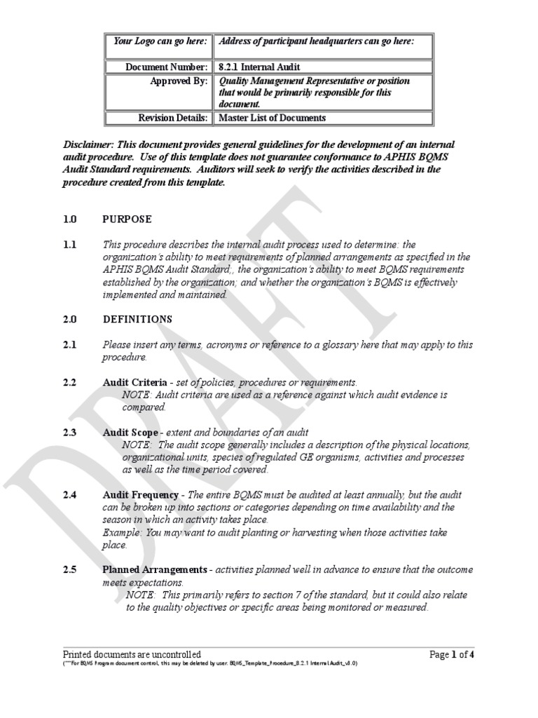 BQMS Template Procedure 8.2.1 Internal Audit v3.0 | PDF | Internal ...