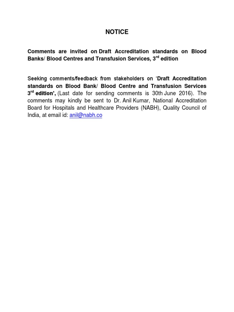 Draft Accreditation Standards for Blood Banks/Blood Centres and ...