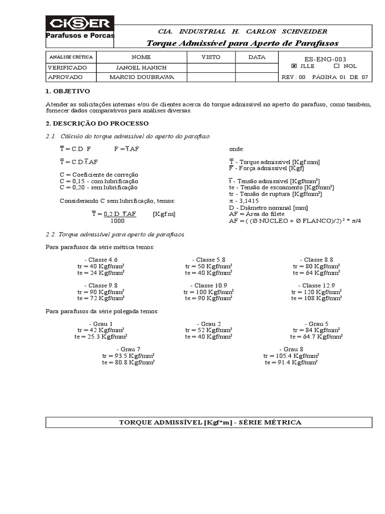 Tabela de Torque em Parafusos | PDF | Engenharia Mecânica | Ensino de ...