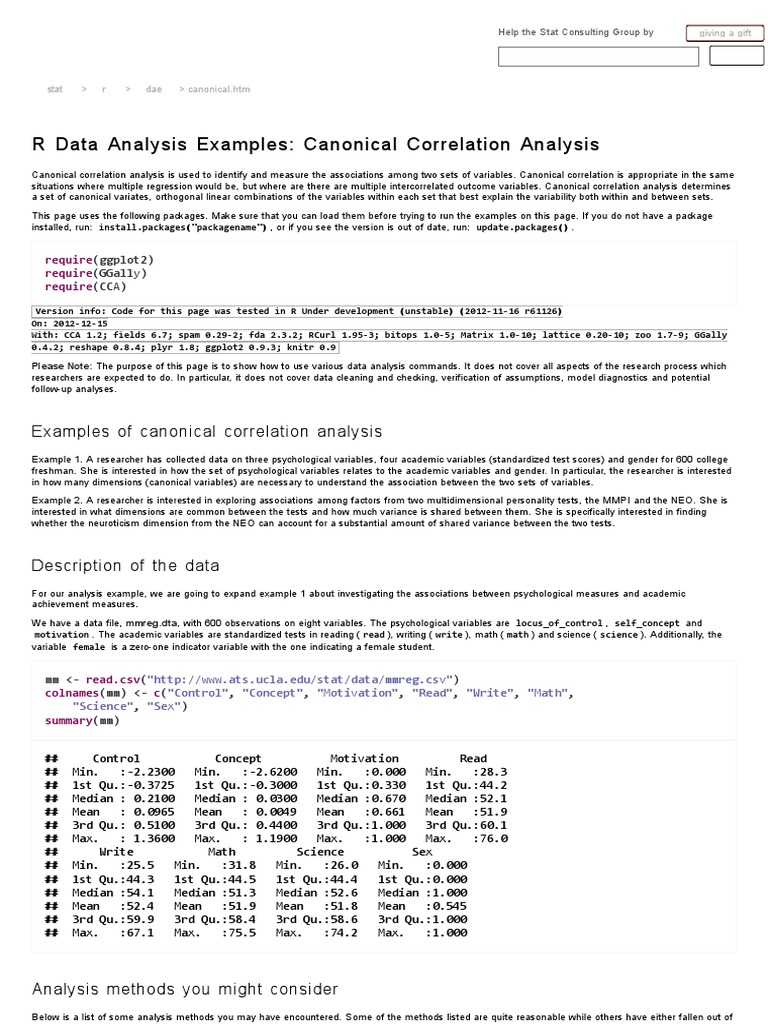 R Data Analysis Examples - Canonical Correlation Analysis | PDF ...