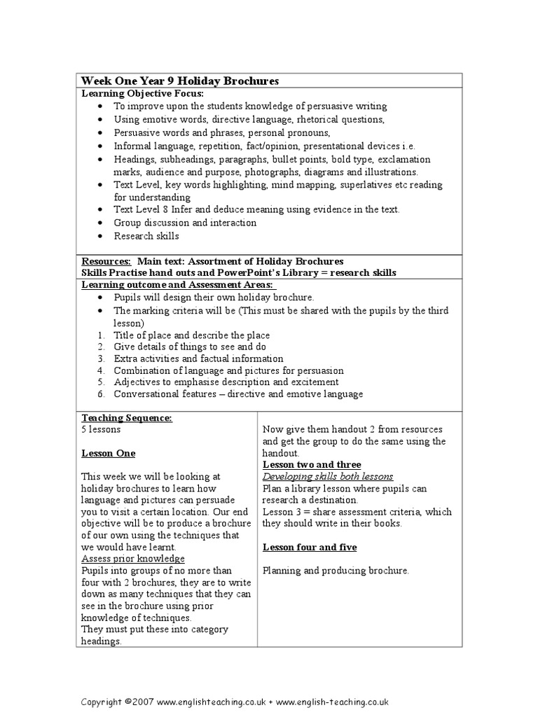 Week One Year 9 Holiday Brochures: Developing Skills Both Lessons ...