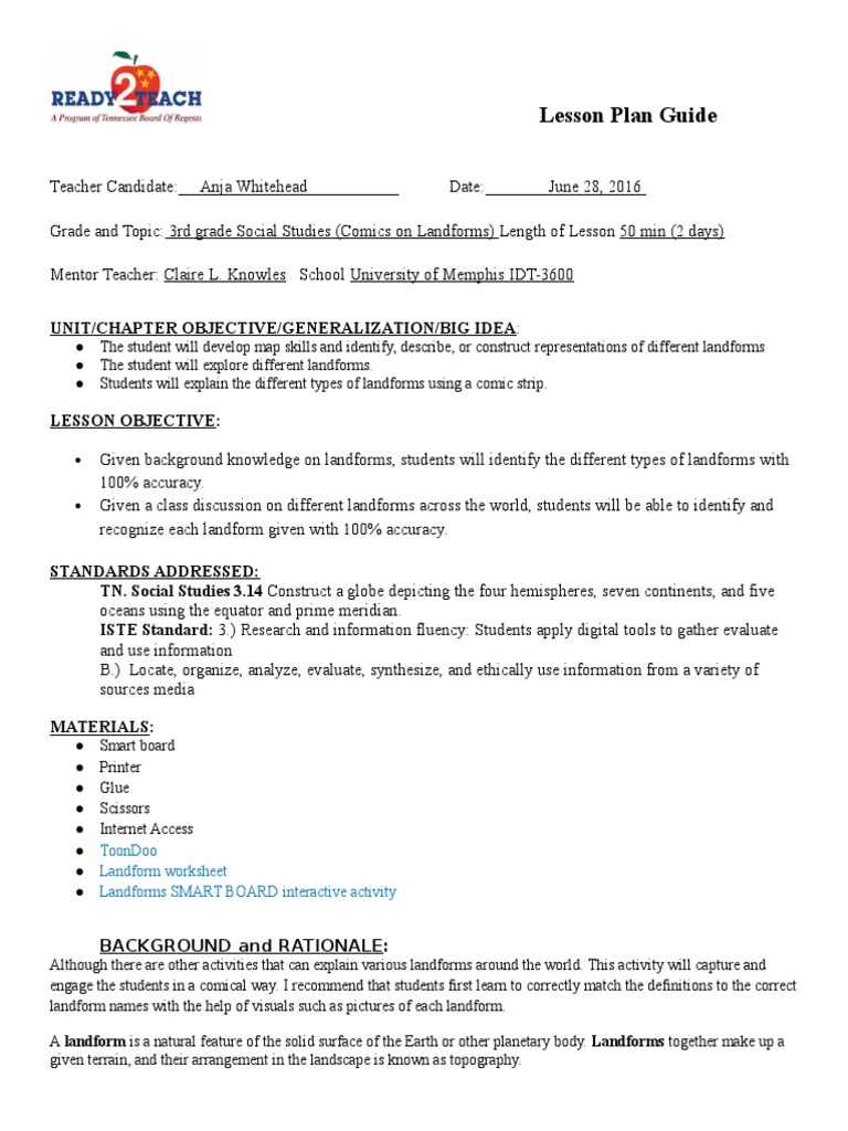 Lesson Plan Guide: Toondoo Landform Worksheet Landforms Smart Board ...