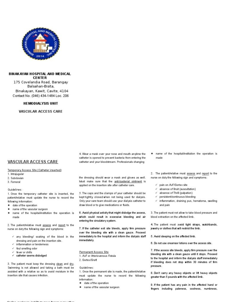 Vascular Access Care (Leaflet) | PDF | Hemodialysis | Clinical Medicine