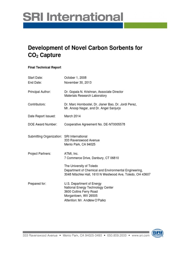Development of Novel Carbon Sorbents For CO Capture: Final Technical Report | PDF | Boiler ...