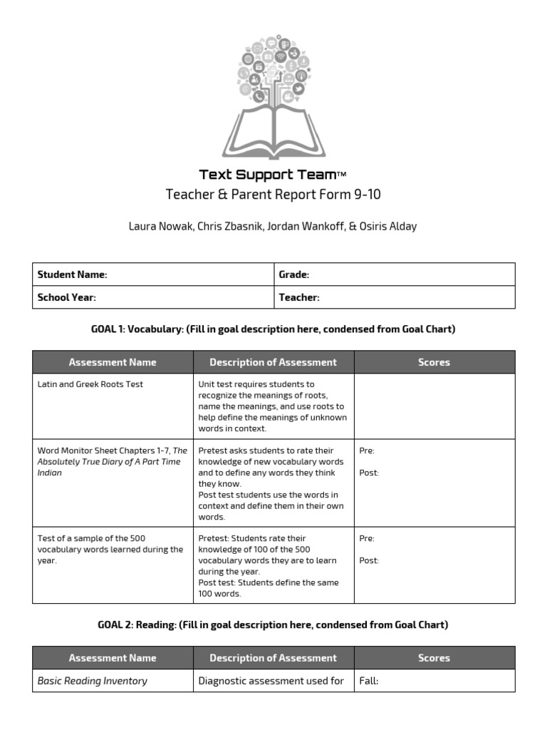 Teacher & Parent Report Form 9-10: Text Support Team | PDF ...
