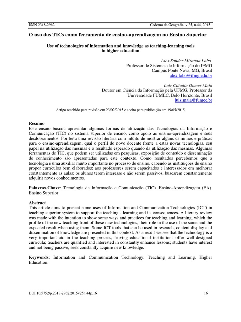 O Uso Das TICs Como Ferramenta de Ensino-Aprendizagem No Ensino ...