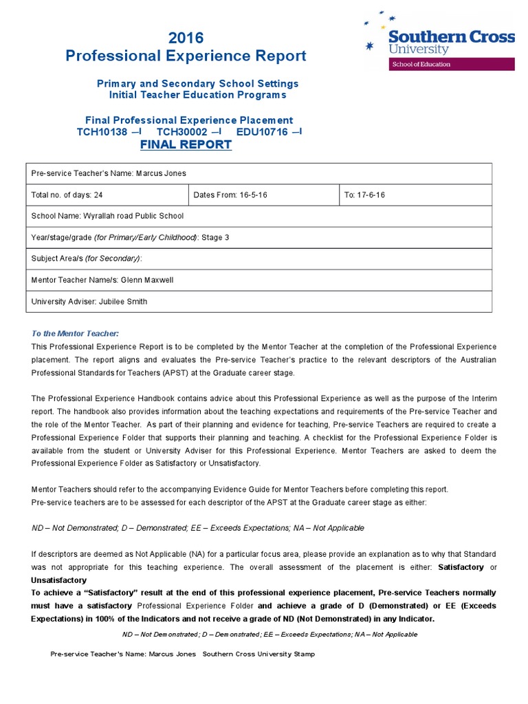 Professional Experience Report: Marcus Jones | PDF | Educational ...