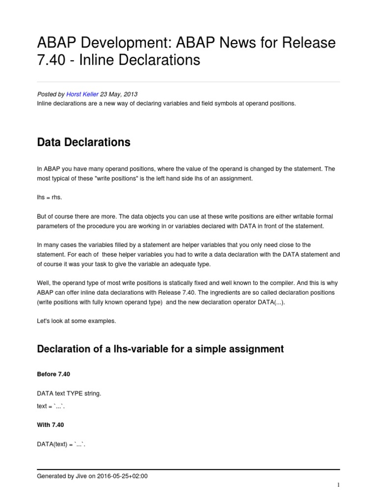 Abap News For Release 740 Inline Declarations | PDF | Parameter ... Abap News For Release 740 Inline Declarations | PDF | Parameter ...