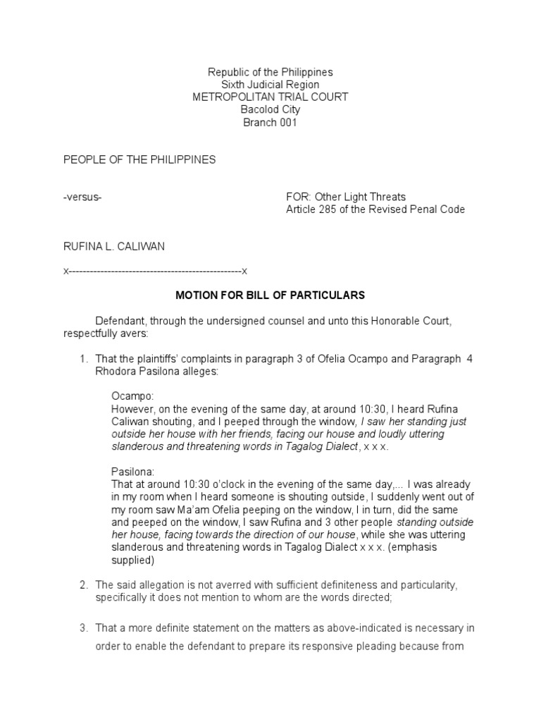 Motion For Bill of Particulars | PDF | Pleading | Virtue