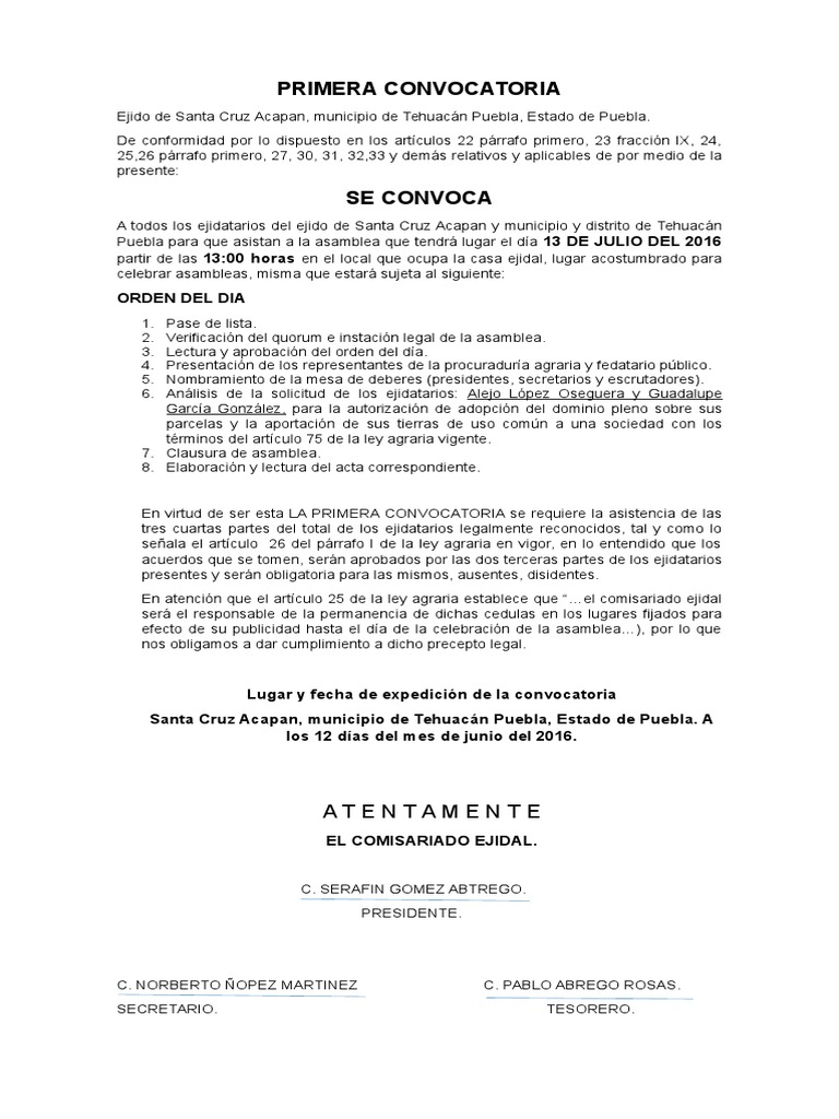 Convocatorias Ejidales:primera, Segunda y Ulterior | PDF | Gobierno