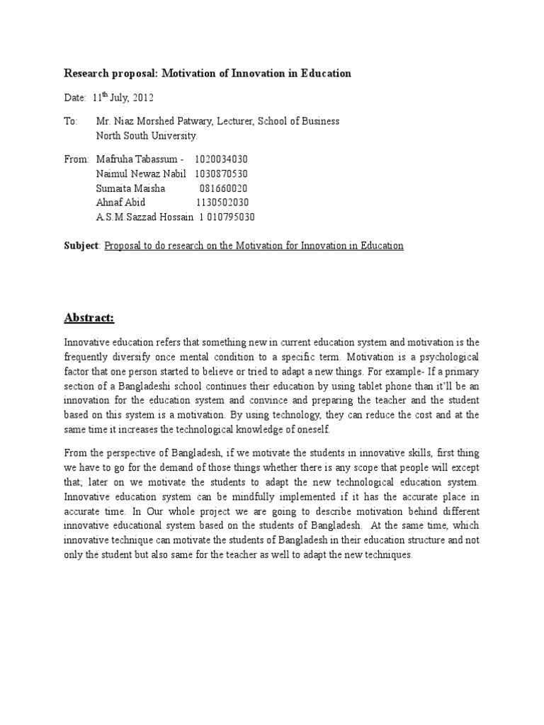 Research Proposal: Motivation of Innovation in Education: Abstract ...