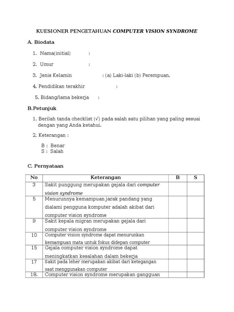 Kuesioner Pengetahuan Computer Vision Syndrome Modifikasi Ulang | PDF