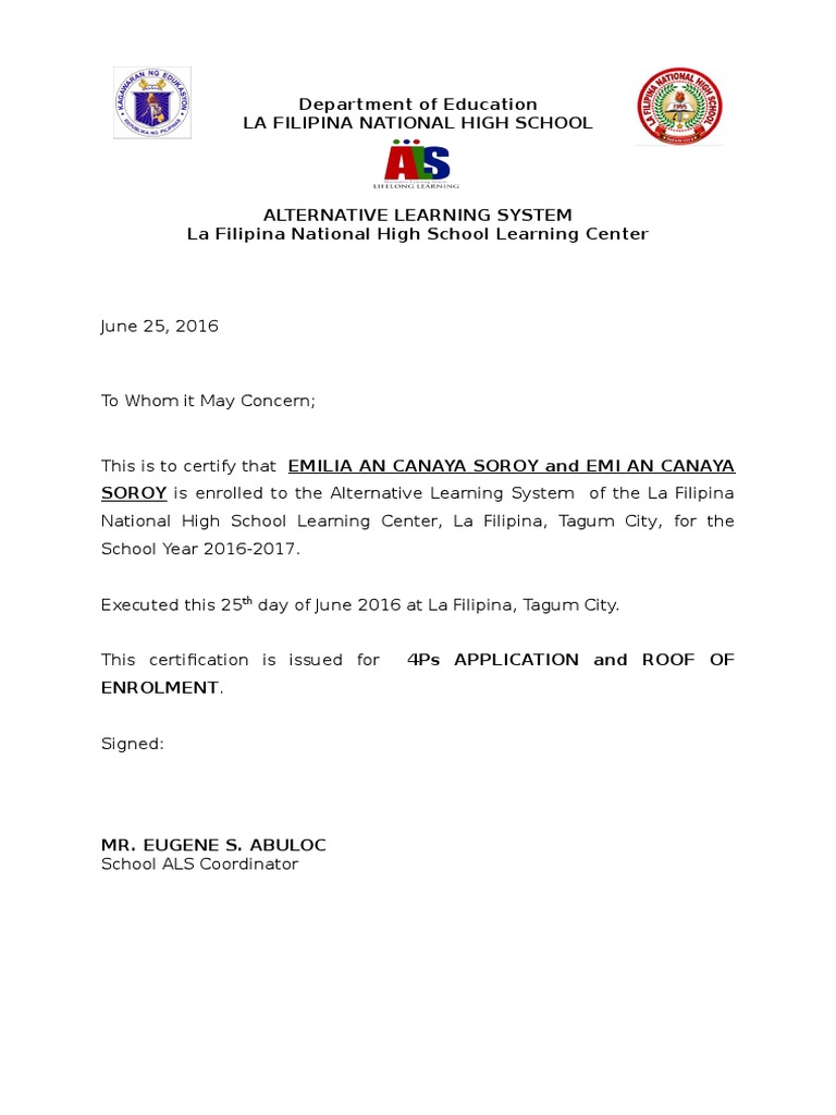Certificate of Enrolment ALS | PDF