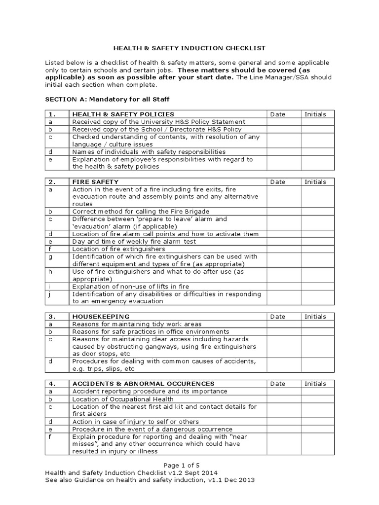 Induction _ Checklist | Occupational Safety And Health | Personal ...