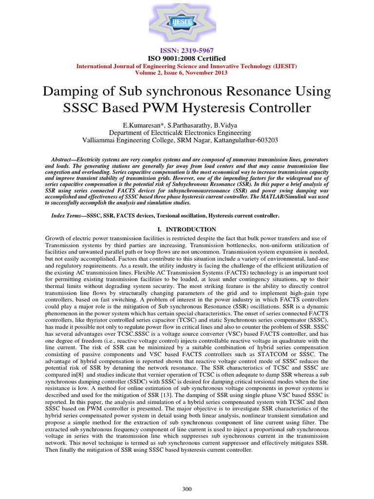 Damping of Sub Synchronous Resonance Using SSSC Based PWM Hysteresis Controller | PDF | Power ...