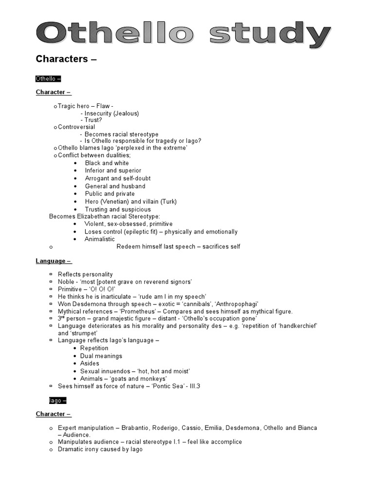 Othello Character Analysis and General Notes | Othello | Iago