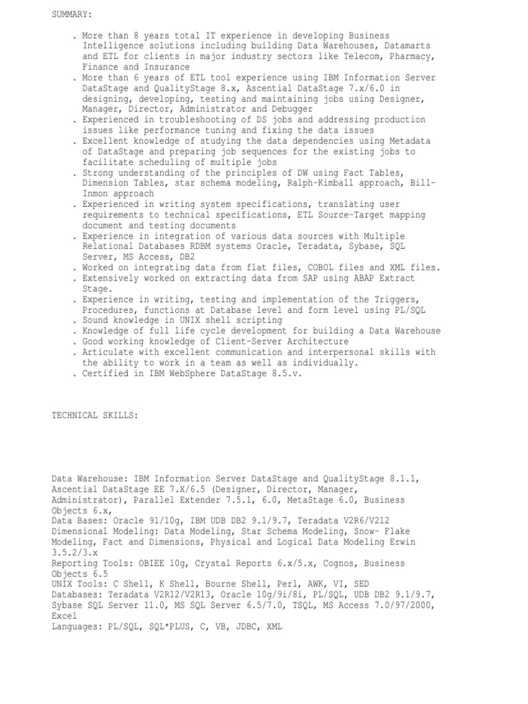 Data Stage CV | PDF | Ibm Db2 | Oracle Database