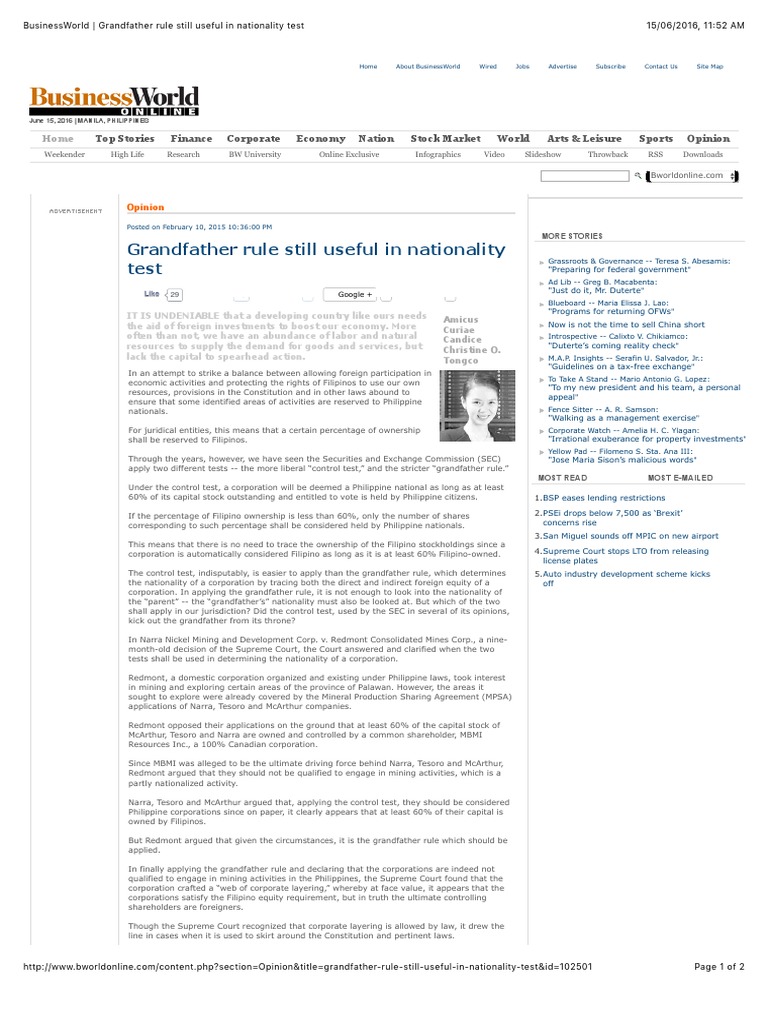BusinessWorld - Grandfather Rule Still Useful in Nationality Test | PDF ...