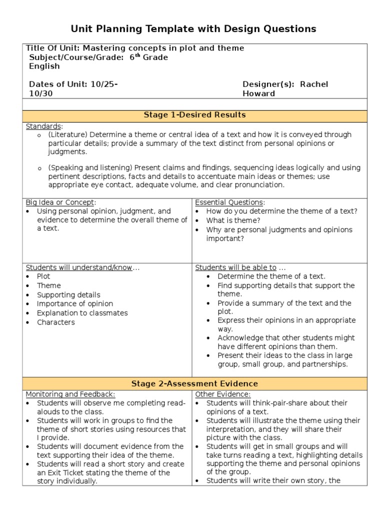 Unit Planning Template With Design Questions | PDF | Educational ...