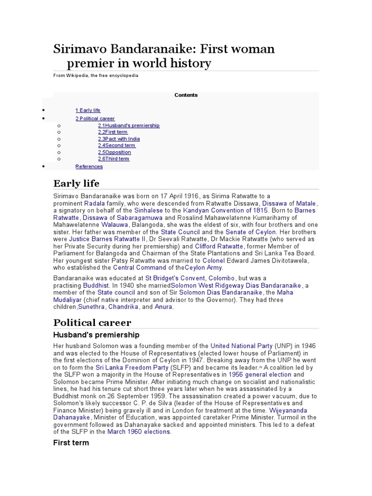 Sirimavo Bandaranaike. First Woman Premier in Wolrd History | Download Free PDF | Sri Lanka ...
