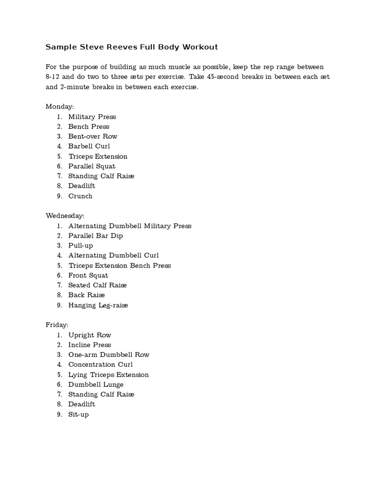 Steve Reeves Full Body Workout Plan | PDF | Athletic Sports ...