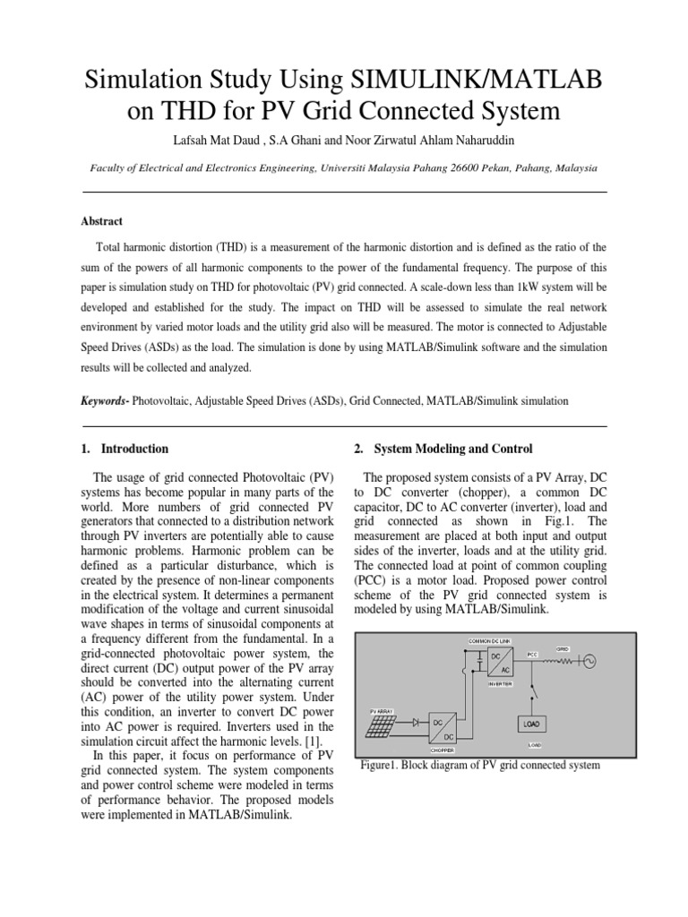 Simulation Study Using SIMULINK/MATLAB On THD For PV Grid Connected ...