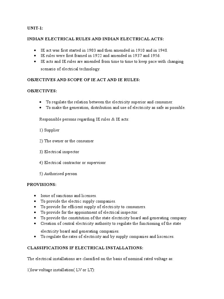 UNIT-1: Indian Electrical Rules and Indian Electrical Acts | PDF ...