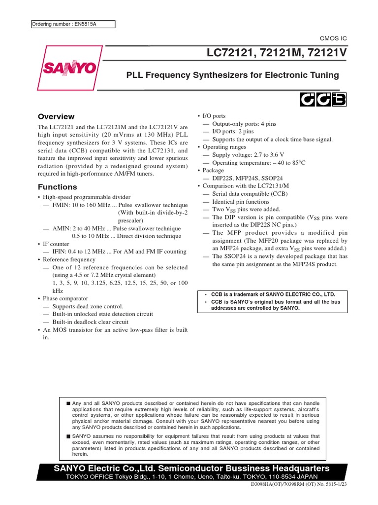 LC72121 - PLL Frequency Synthesizers For Electronic Tuning | PDF ...