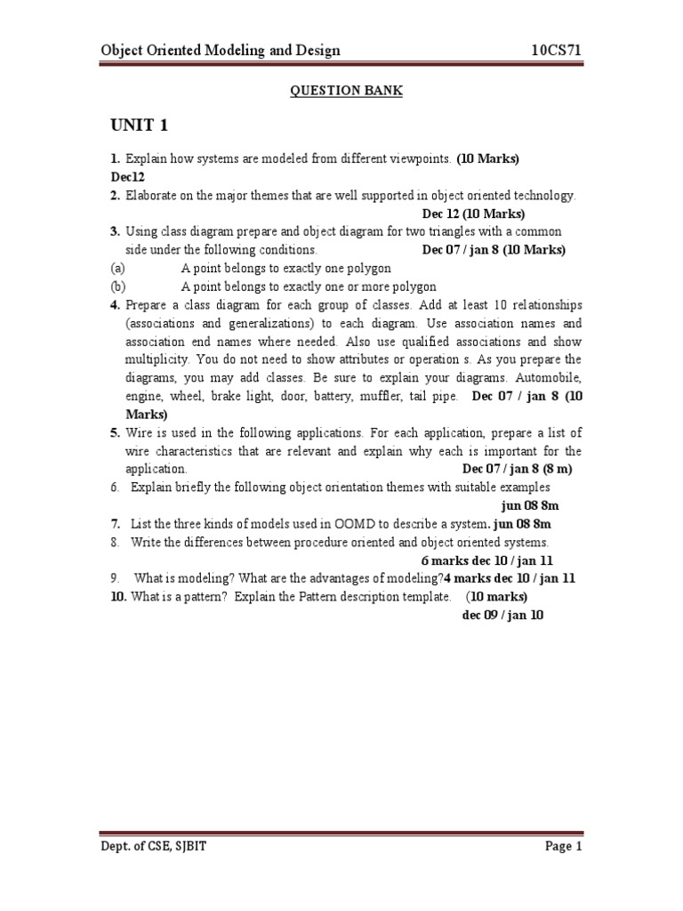 Cse Vii Object Oriented Modeling and Design 10cs71 Question Paper | PDF | Unified Modeling ...