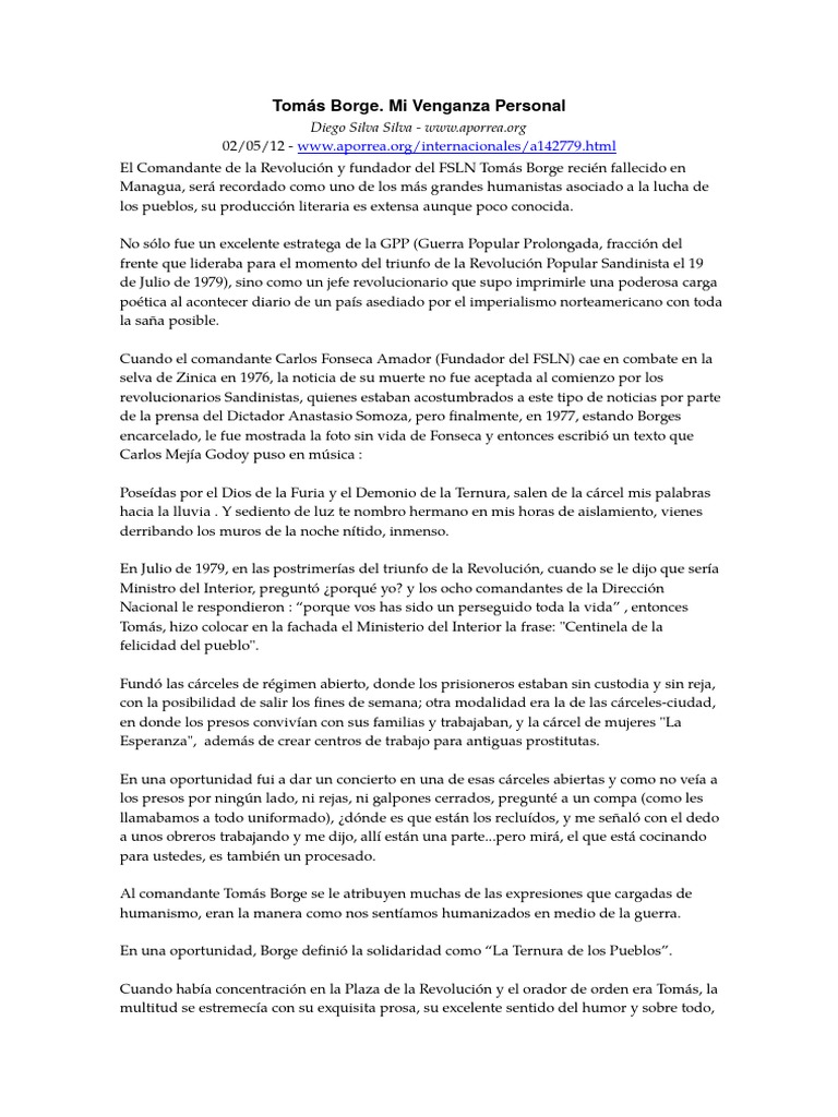 Tomás Borge: Humanismo y Revolución | PDF | Frente Sandinista de ...