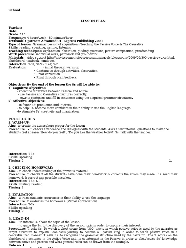 Passive Voice Lesson Plan | Verb | Lesson Plan