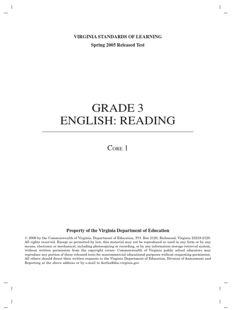 Grade 3 English: Reading: Virginia Standards of Learning Spring 2005 ...