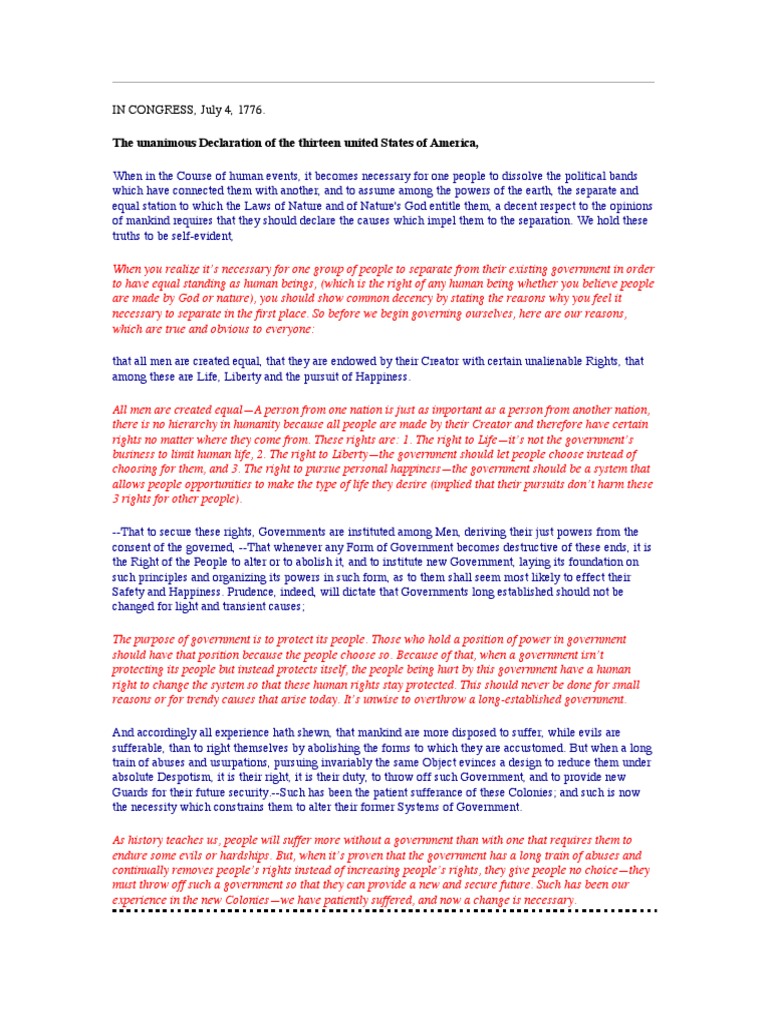 Declaration of Independence, Modern Language | Natural And Legal Rights ...