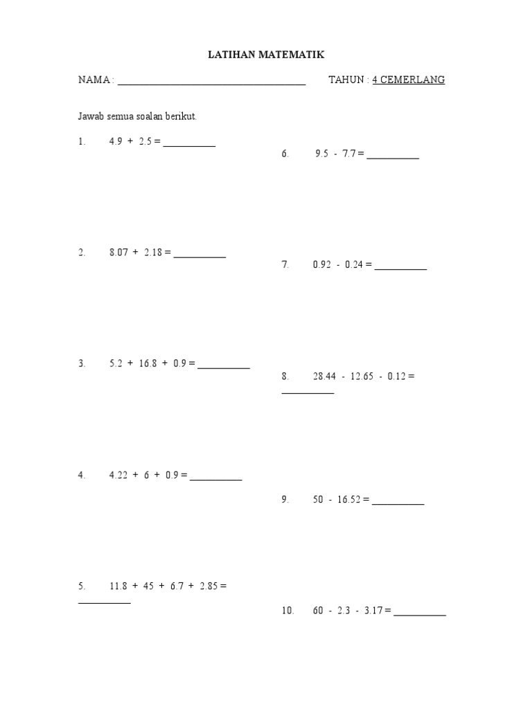 Lembaran Kerja Math PERPULUHAN Tahun 4 | PDF