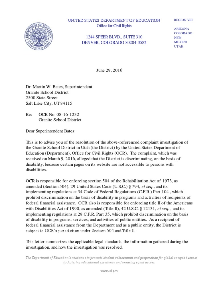 Office of Civil Rights' Letter To Granite School District | PDF ...