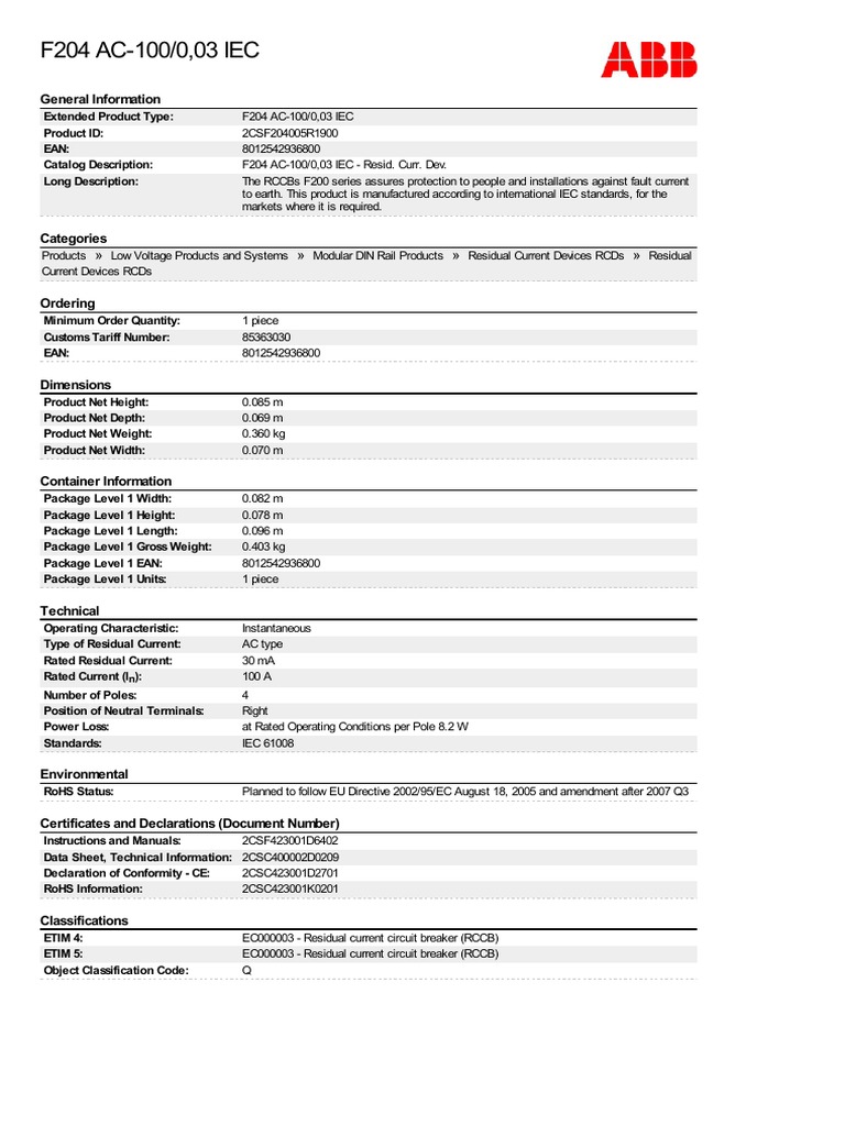 2CSF204005R1900 f204 Ac 100 0 03 Iec Resid Curr Dev | PDF