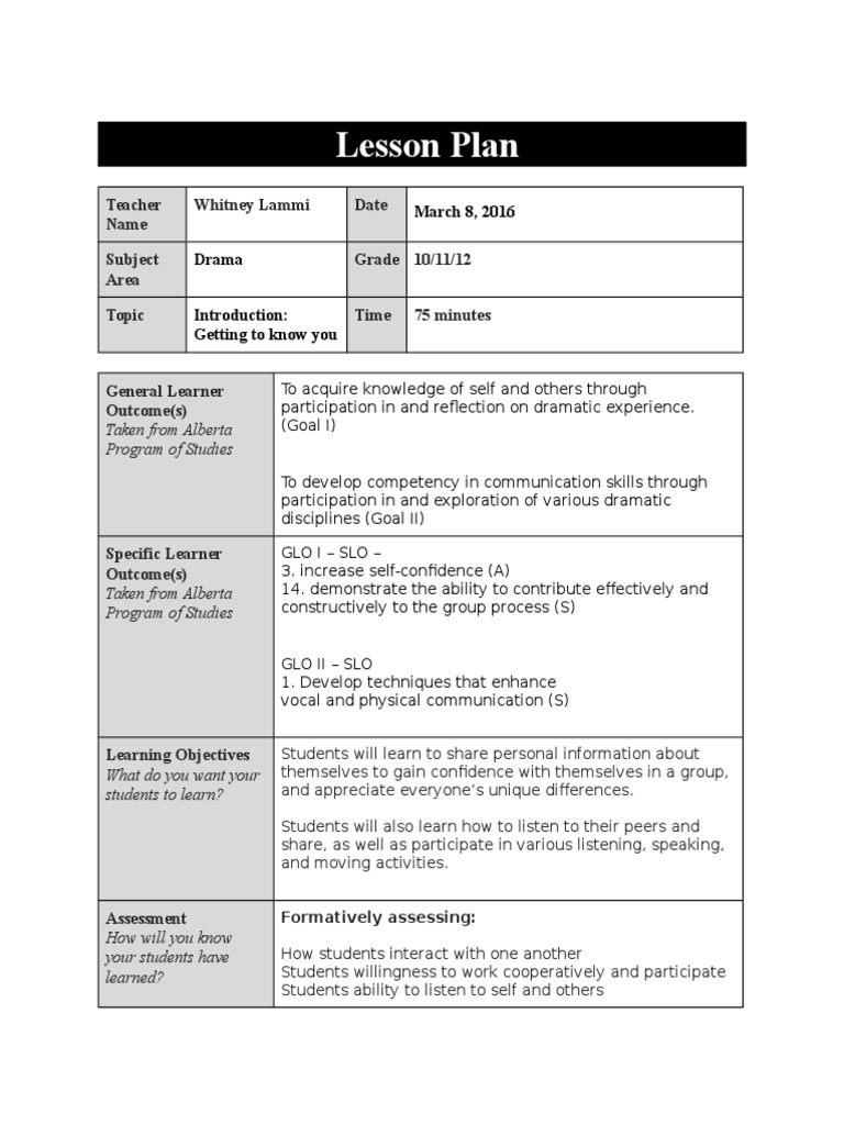 lesson plan - intro getting to know you - march 8 | Lesson Plan ...